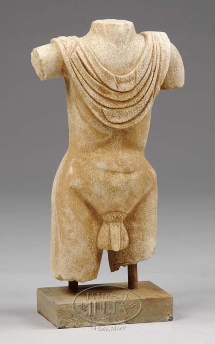STONE CARVING OF A SEMI-NUDE ROBED MALE TORSO IN THE CLASSICAL TASTE ...