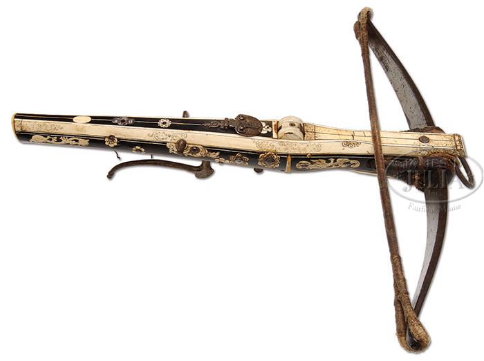 EXCEPTIONALLY FINE BONE INLAID AND SCRIMMED CROSSBOW, CA 1620.