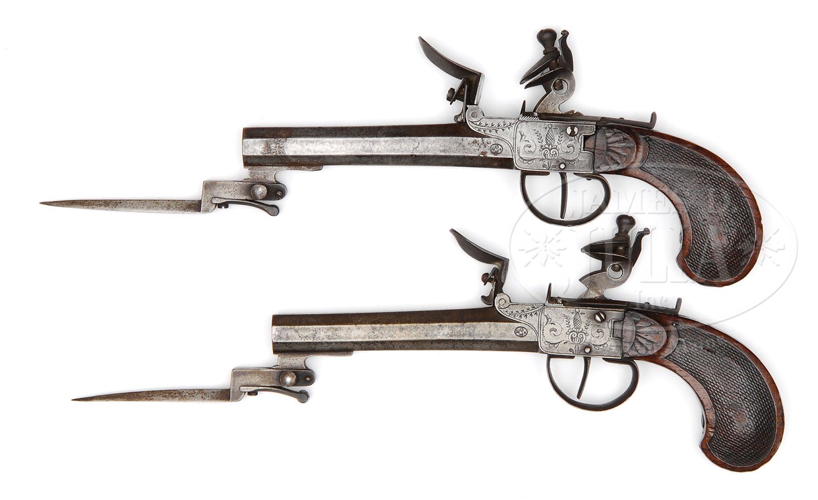 PAIR OF BELGIAN FLINTLOCK BOXLOCK PISTOLS WITH SPRING-LOADED BAYONETS.