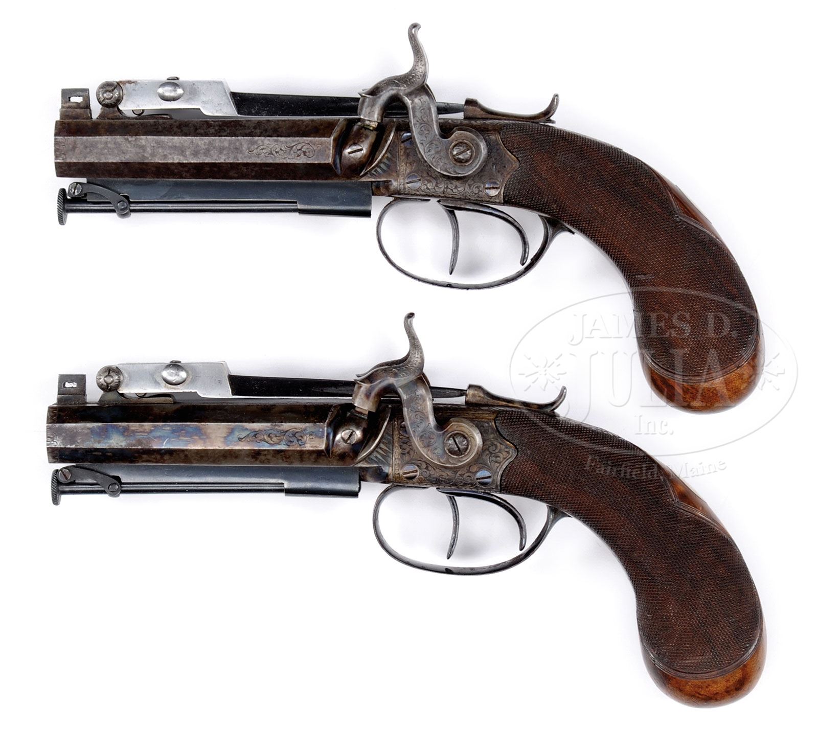 EXCEPTIONAL PAIR OF DOUBLE BARREL SPRING BAYONET PERCUSSION PISTOLS BY ...