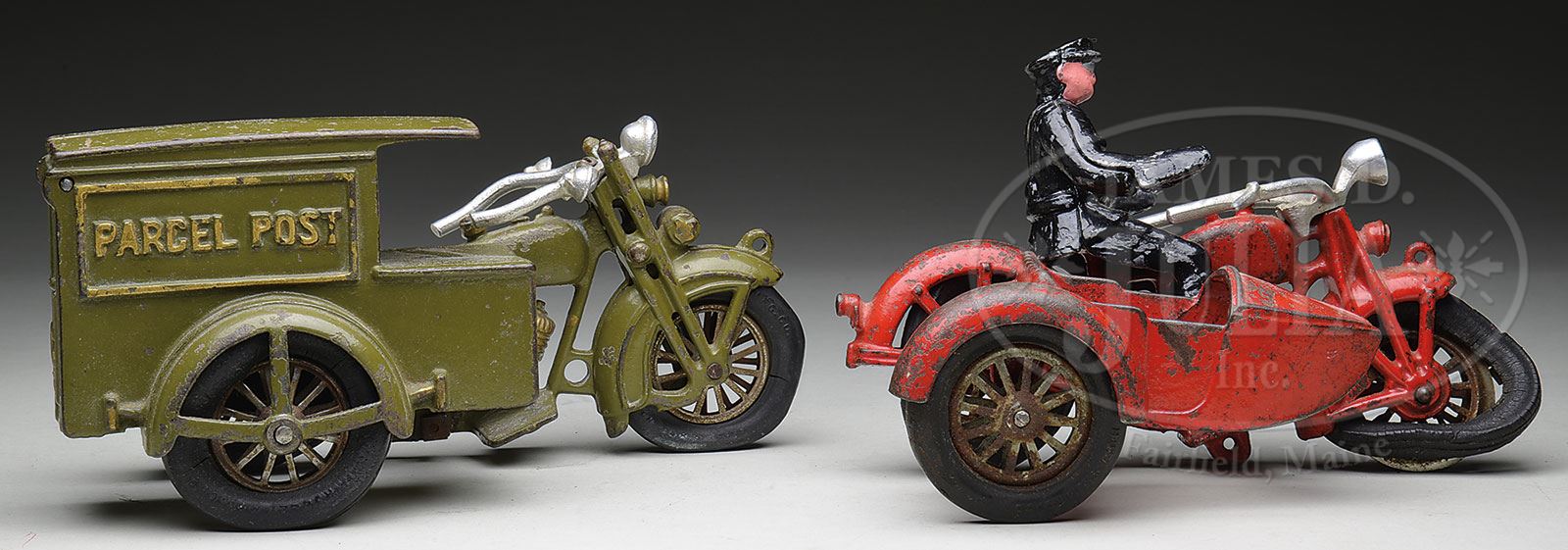 LOT OF TWO LARGE HARLEY DAVIDSON CAST IRON MOTORCYCLE TOYS.