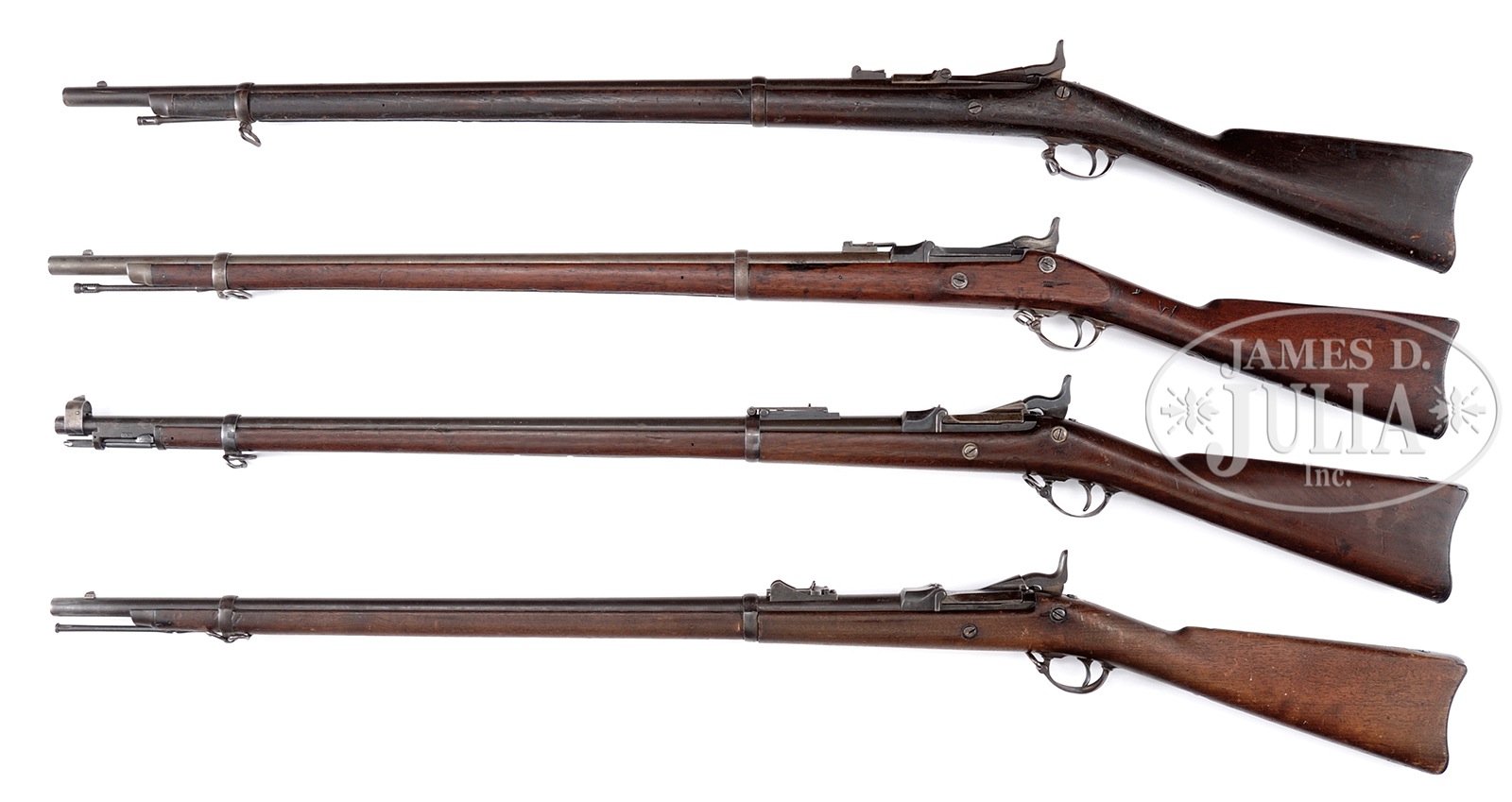 LOT OF 4 US SPRINGFIELD ARMORY TRAPDOOR RIFLES: MODEL 1866 ALLIN, MODEL ...