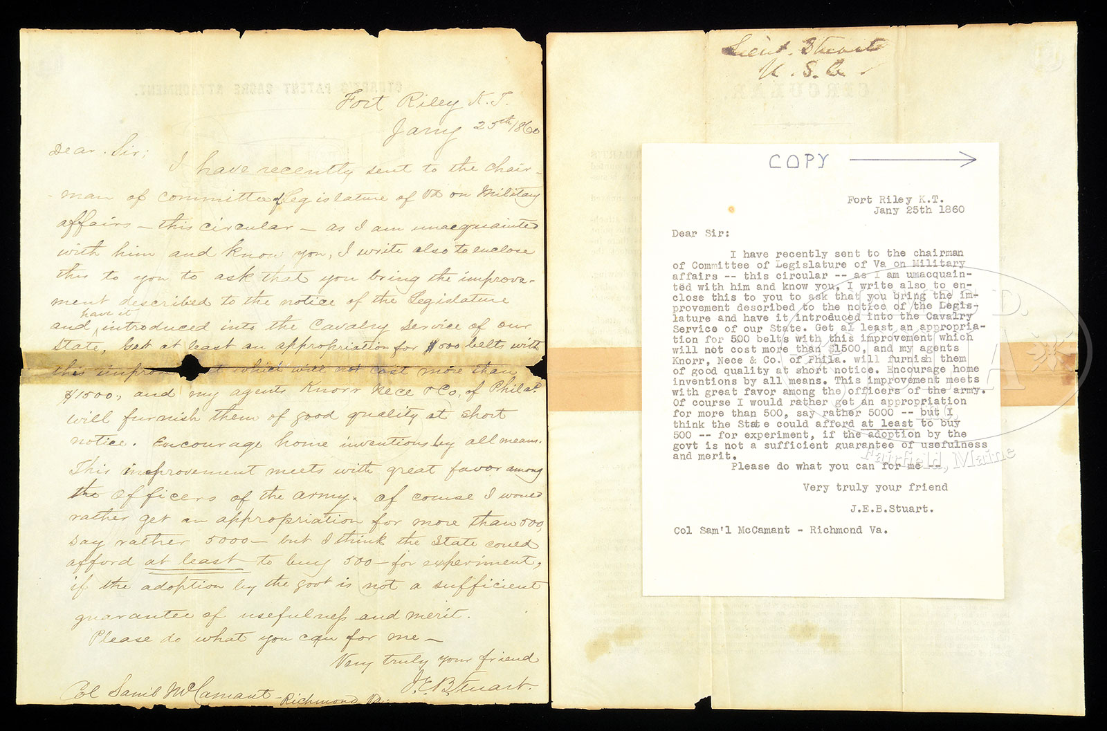 JEB STUART ARCHIVE INCLUDING HIS ORIGINAL PATENT MODEL AND PATENT FOR ...